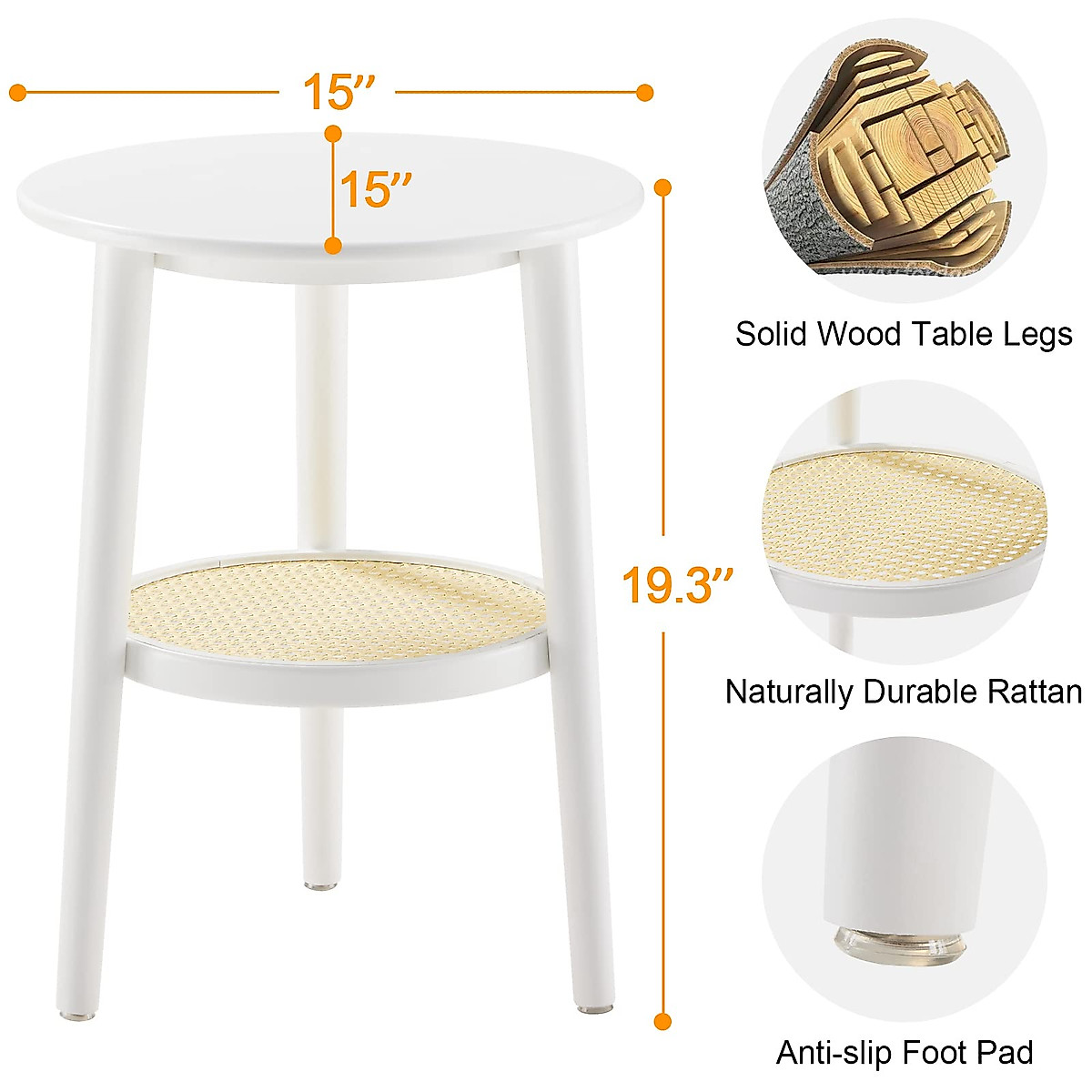 Apicizon 2 Tier Round Side Table, White Rattan Nightstand Bedside Table with Storage, Boho End Table for Living Room, Bedroom, Small Spaces, Easy Assembly, 15 x 19.3 Inches