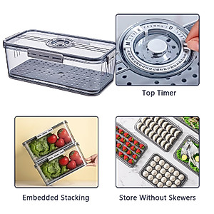 Dafape Refrigerator Organizer, Food Storage Container with Freshness Timer Lid Drain Tray Storage Bins for Fruits Vegetable Meat Dumpling Kitchen Fridge Plastic Reusable Stackable Non-Slip (Gray)