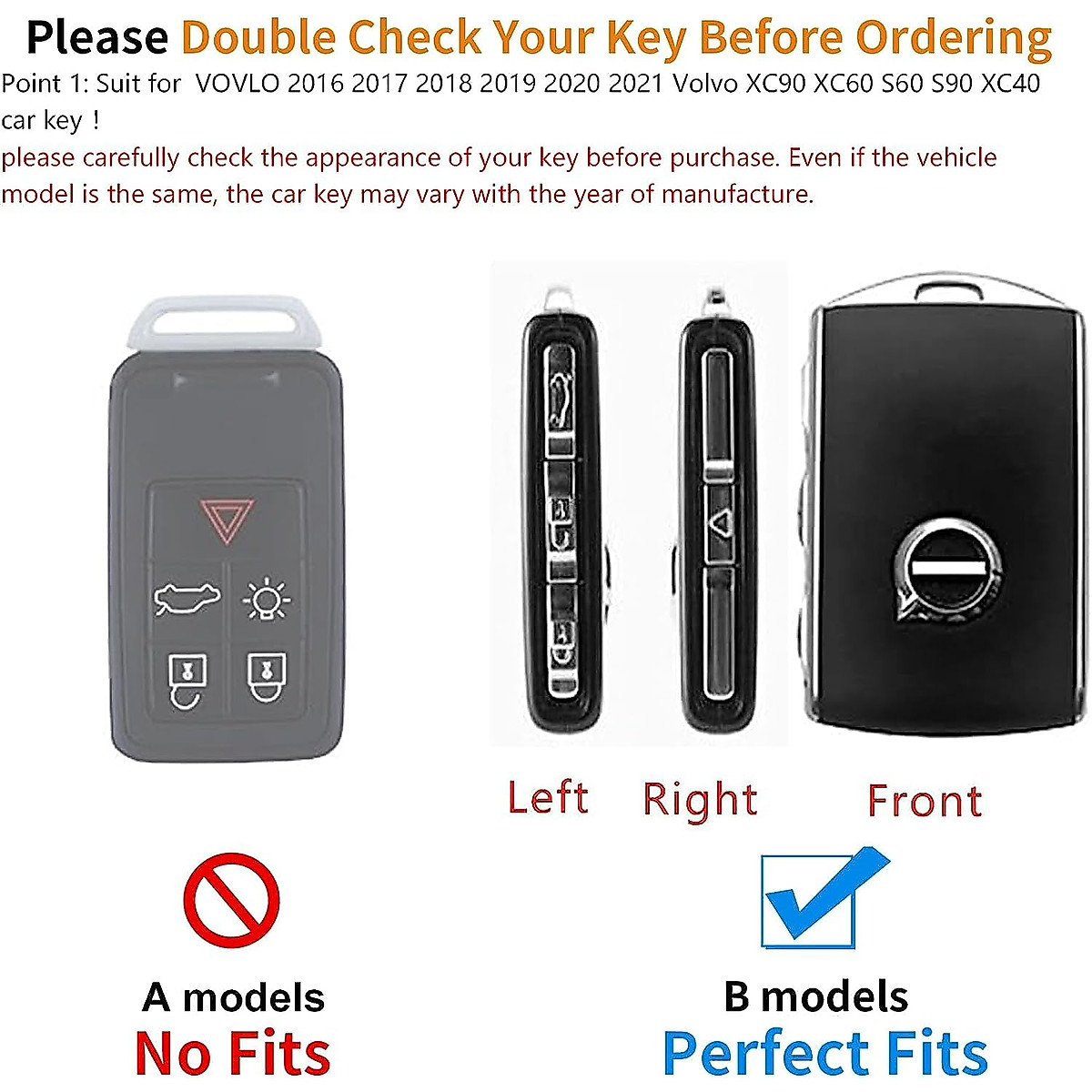 LoyalSoldier Genuine Leather Smart Key Fob Cover Case Compatible with Volvo XC40, XC60, XC90, S90, S60, V60, V90 2019-2023(B Model)