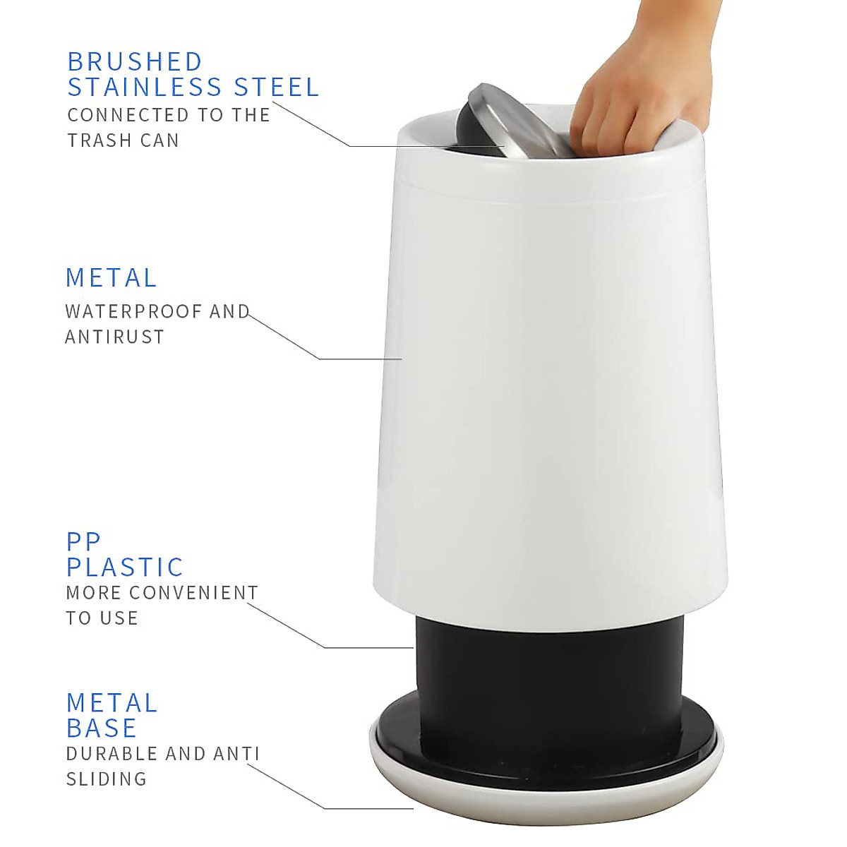 BRIEFHUMAN Household Swing White Bathroom Trash Can，Brushed Stainless Steel，10 L/3 Gallen，Garbage Can with Flipping Lid， for Indoor or Commercial Use, Kitchen,Modern，Living Room,Bedroom