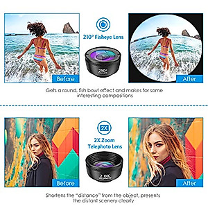 Criacr Phone Camera Lens, 210 °Fisheye Lens + 120 °Wide Angle + 25X Macro + 2X Telephoto + Star Lens + CPL + 6 Kaleidoscope 7 in 1 Phone Lens Kit Compatible with iPhone/Samsung/Google Pixel etc
