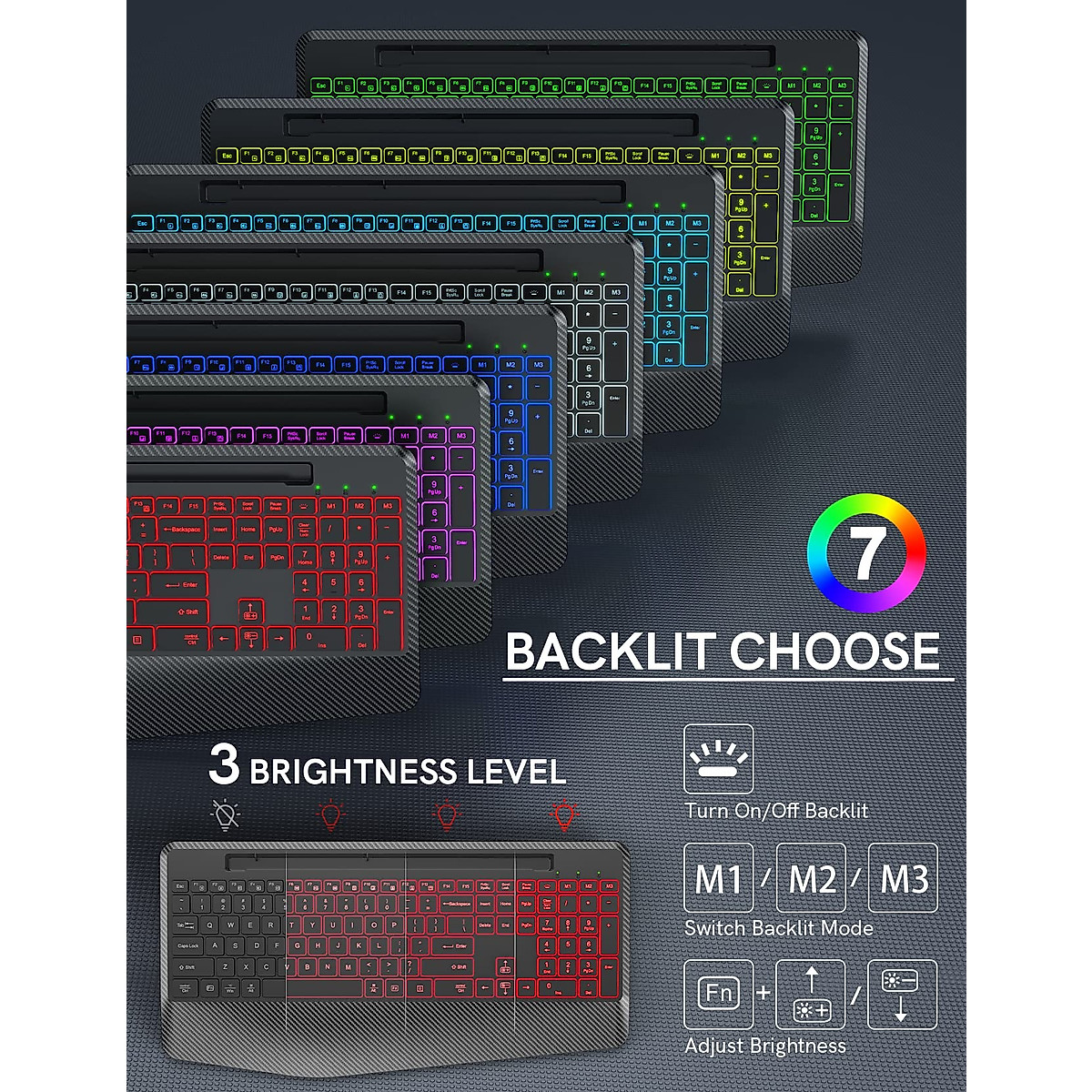 Wireless Keyboard and Mouse with 9 Colored Backlit, Wrist Rest, Jiggler Mouse, Rechargeable Silent Ergonomic Light Up Keyboard Mouse Combo with Phone Holder for Windows, Mac, PC, Laptop