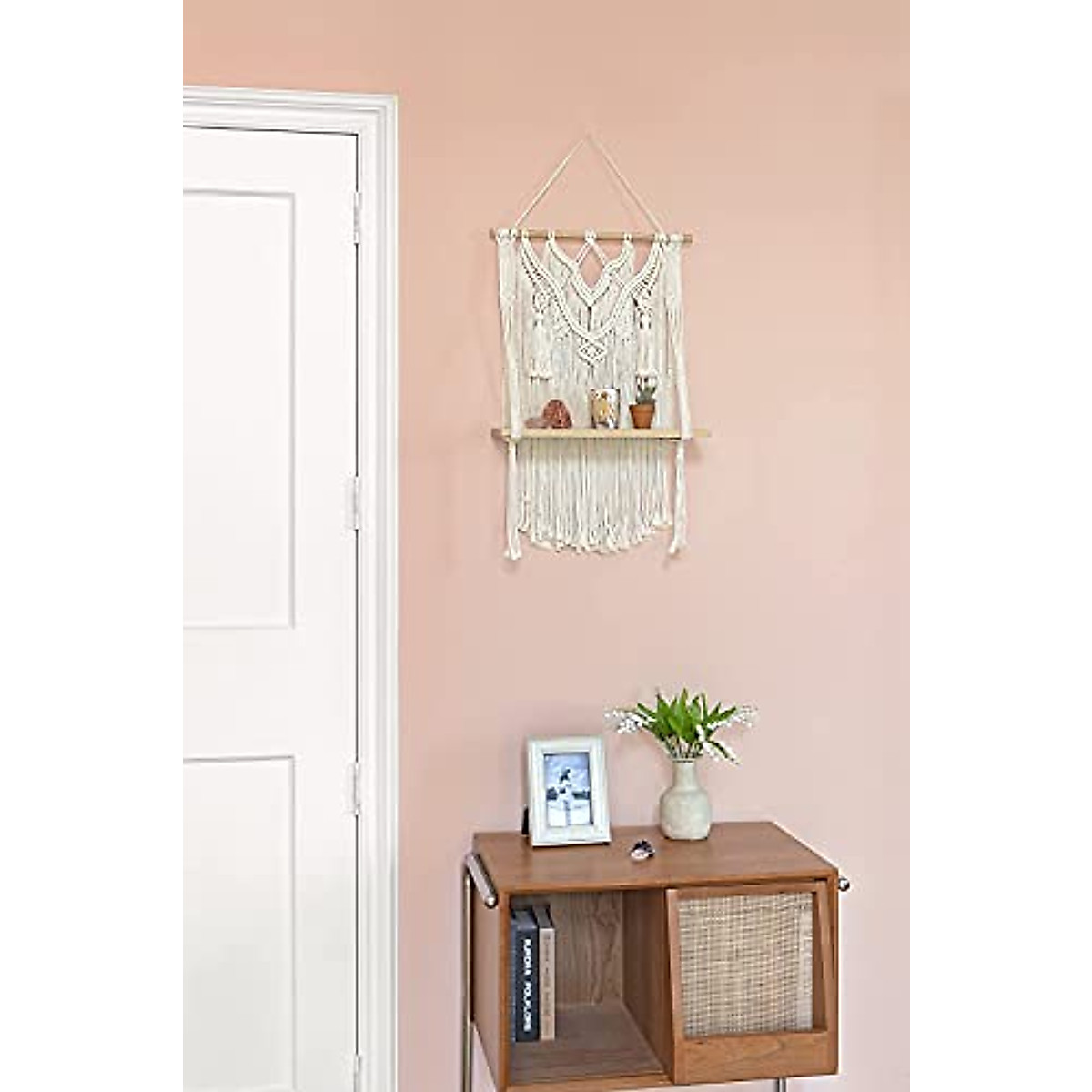 Mkono Macrame Wall Hanging Shelf Boho Decor Wood Floating Shelf for Bedroom Living Room Nursery Bathroom, Handmade Woven Rope Storage Rack for Photo Frames Plant Display