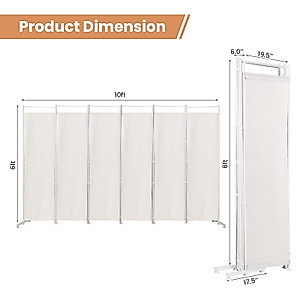 GOFLAME 6 Ft Room Divider, 6 Panel Folding Wall Divider, Freestanding Partition with Adjustable Foot Pads, Perfect Privacy Screen for Home Office, White