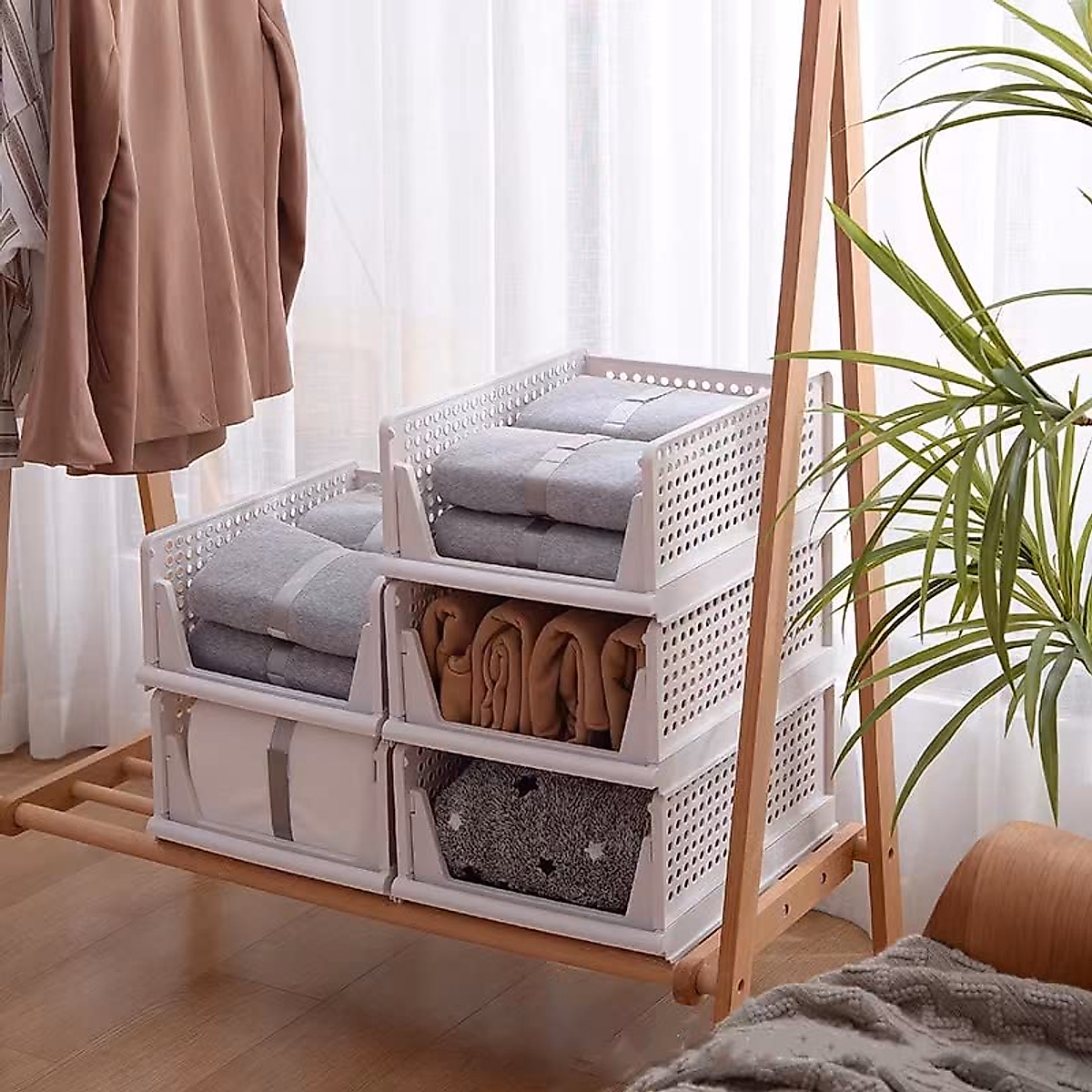 4-Pack Foldable Wardrobe Storage Box,Stackable Clothes Drawer Organizer,Closet Container Bin,Plastic Closet Organizer Basket,Collapsible Large Capacity Shelves Storage Bin for Office, Kitchen, Bedroom(White)