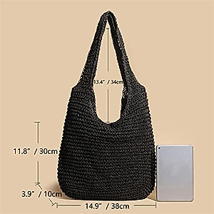 QTKJ Hand-woven Soft Large Straw Shoulder Bag Boho Straw Handle Tote Retro Summer Beach Bag Rattan Handbag (Black)