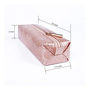 Comfyable Small Cosmetic Bag for Rectangular Makeup Bag Waterproof Glitter Cute Toiletry Pouch Rose Gold Sparkly Shiny Pink