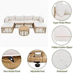 7 Pieces Outdoor Patio Furniture Sectional Sofa Set with Coffee Table, All-Weather Rattan Conversation Set with Thick Cushions and Pillows for Garden Backyard Balcony, Freely Combined (Beige-7S)