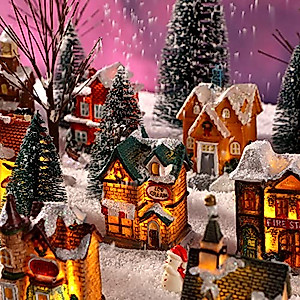 Kajaia 12 Pieces Christmas Winter Houses Village with 12 Pieces Trees Lamp LED Lights Christmas Winter Village Town Buildings Accessories for Thanksgiving Halloween Village Figurine Desktop Decor