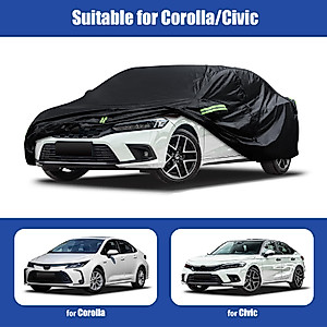 Waterproof Car Cover with Door Zipper for Toyota Corolla 2000-2023 and Honda Civic 1991-2023, All Weather Outdoor Full Exterior Covers for Rain, Sun, Wind Protection, Universal Fit Sedan 178-185 inch