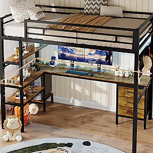 BTHFST Loft Bed Twin Size with L-Shape Desk & RGB LED Lights & Charging Station, Twin Bunk Bed with Fabric Drawers & Shlves, 13.4'' H Safety Guardrail, Noise Free, No Box Spring Needed