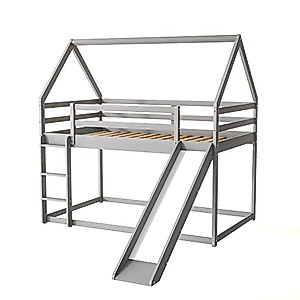 Twin Size Bunk House Bed with Convertible Slide and Ladder,Twin Over Twin Wooden Bed Frame with Guardrails for Kids Teens Girls Boys,Gray