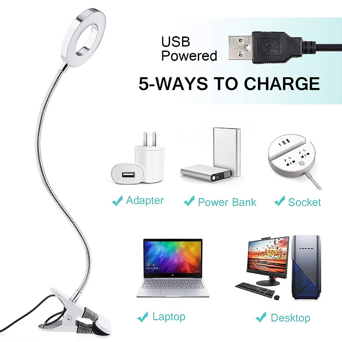 JimKing Ring Light, Tattoo Light Desk Lamp, LED Book Light with Clip, USB Bed Lamp for Live Show, Reading, Tattoo, Make Up, Manicure