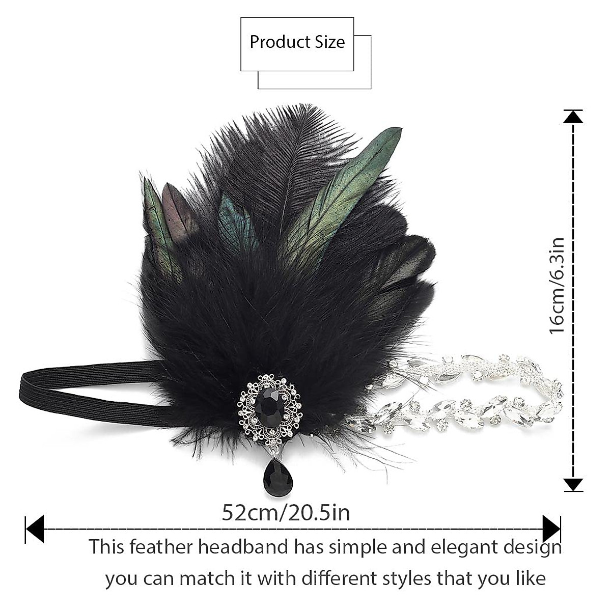 GENBREE 1920s Flapper Headband Black Feather Headpiece Rhinestone Headbands Cocktail Head Accessories for Women(Pattern 3)