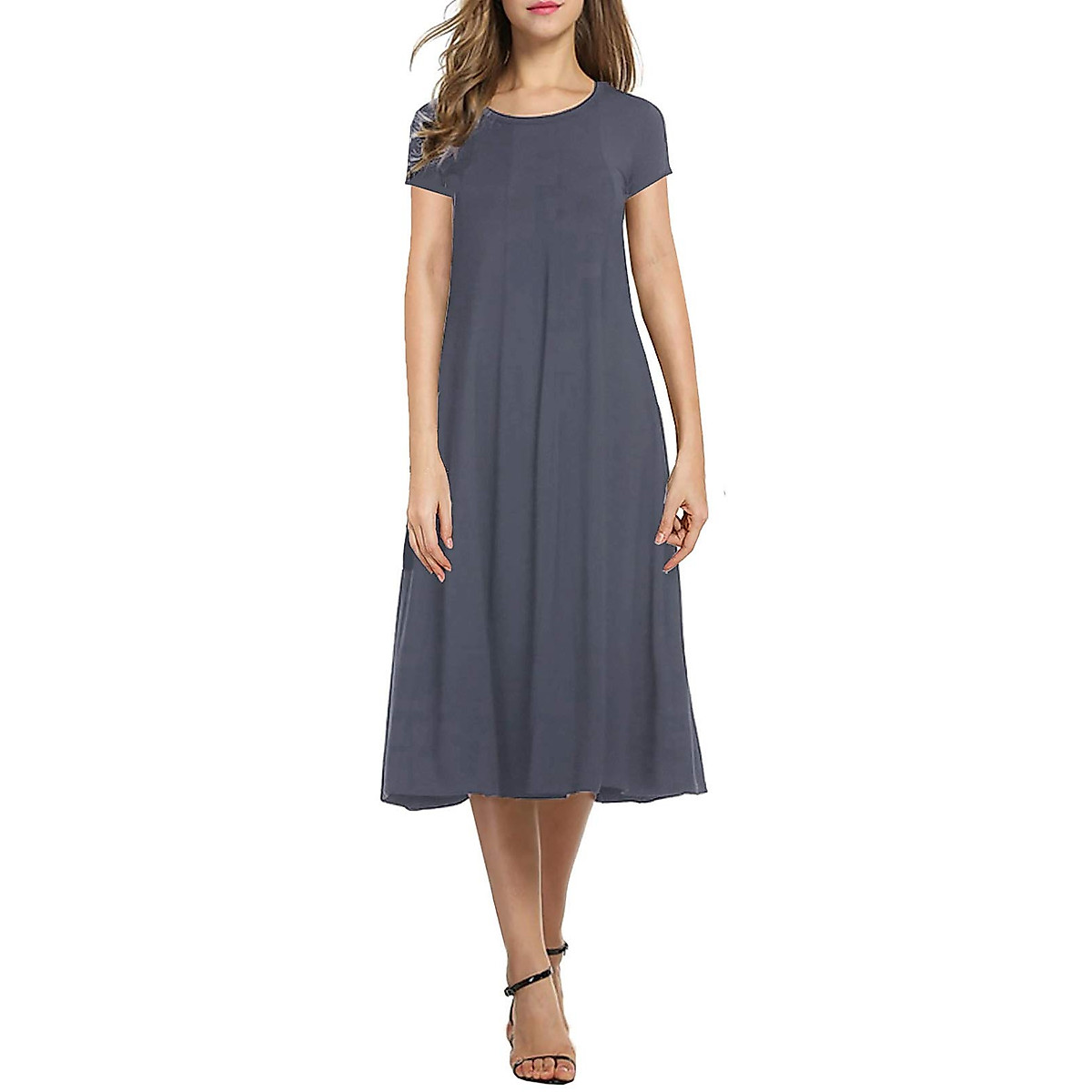 Necooer Women's Casual Loose T-Shirt Dress Plain Pleated Long Dress Short Sleeve Round Neck Midi Dress (X-Large, B-Gray)