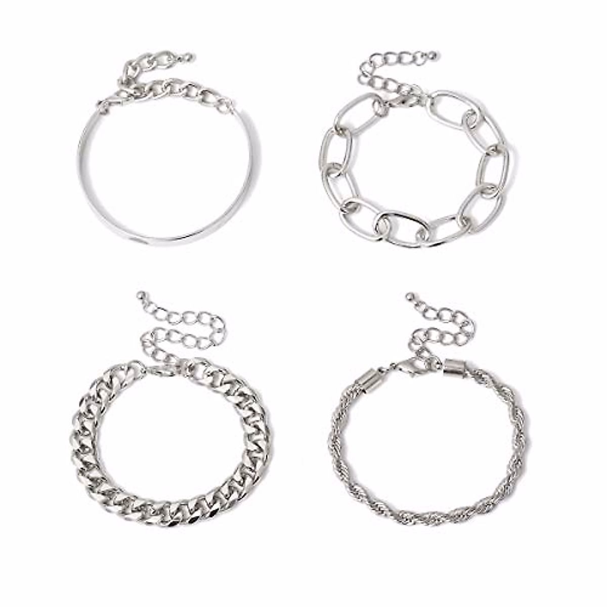 fxmimior Dainty Boho Gold Silver Chain Bracelets Set for Women Adjustable Fashion Beaded Chunky Flat Cable Chain Punk Bracelets Jewelry for Women Girls Gift Set of 4 (Silver)