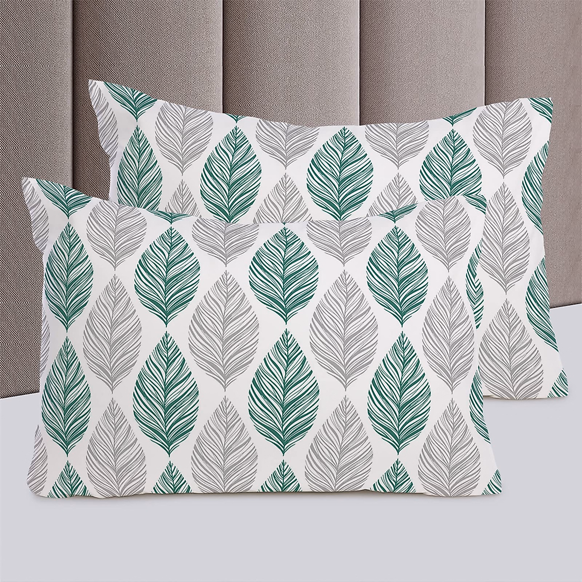 Green and Grey Leaf Texture Duvet Cover Cal. King Size, Gray Abstract Art Leaves Comforter Cover with Zipper Closure, 3 Piece Bedding Sets 1 Duvet Cover 90x106 Inches and 2 Pillow Shams