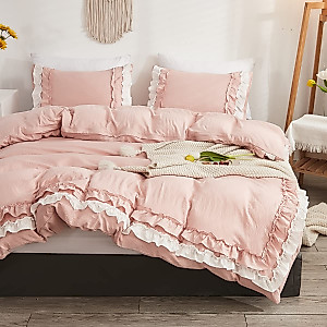 Shabby Chic 3 Pieces Bedding,Vintage Ruffled Queen Duvet Cover Set with 2 Layers Ruffles,Soft Brushed Microfiber Set with Zipper Closure,Lightweight Duvet Cover Set