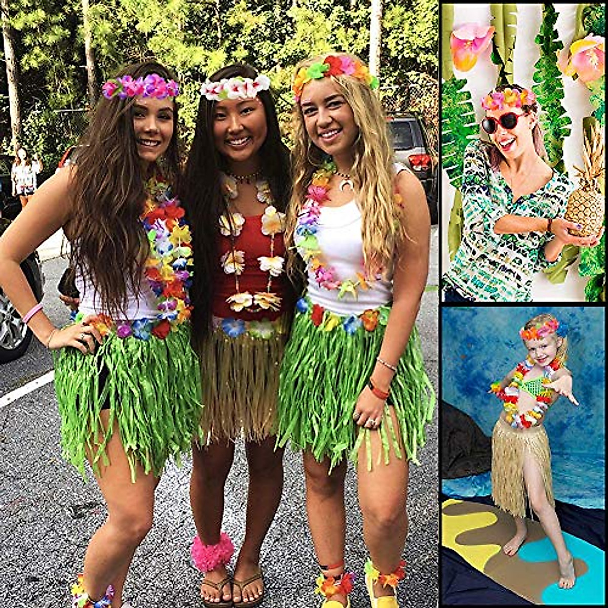 24Pcs Tropical Luau Hawaiian Leis Elastic Ruffled Flowers Headband Necklaces Wristbands for Girls Women Luau Beach Summer Party Supplies Wedding Decorations