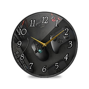 Gamer Work Space Concept Scrapbook Mouse, Keyboard, Joystick, Headset Wall Clock, Silent Non-Ticking Easy to Read Round Decorative Acrylic Wall Clock Art, for Living Room Home Office School 9.5 Inch