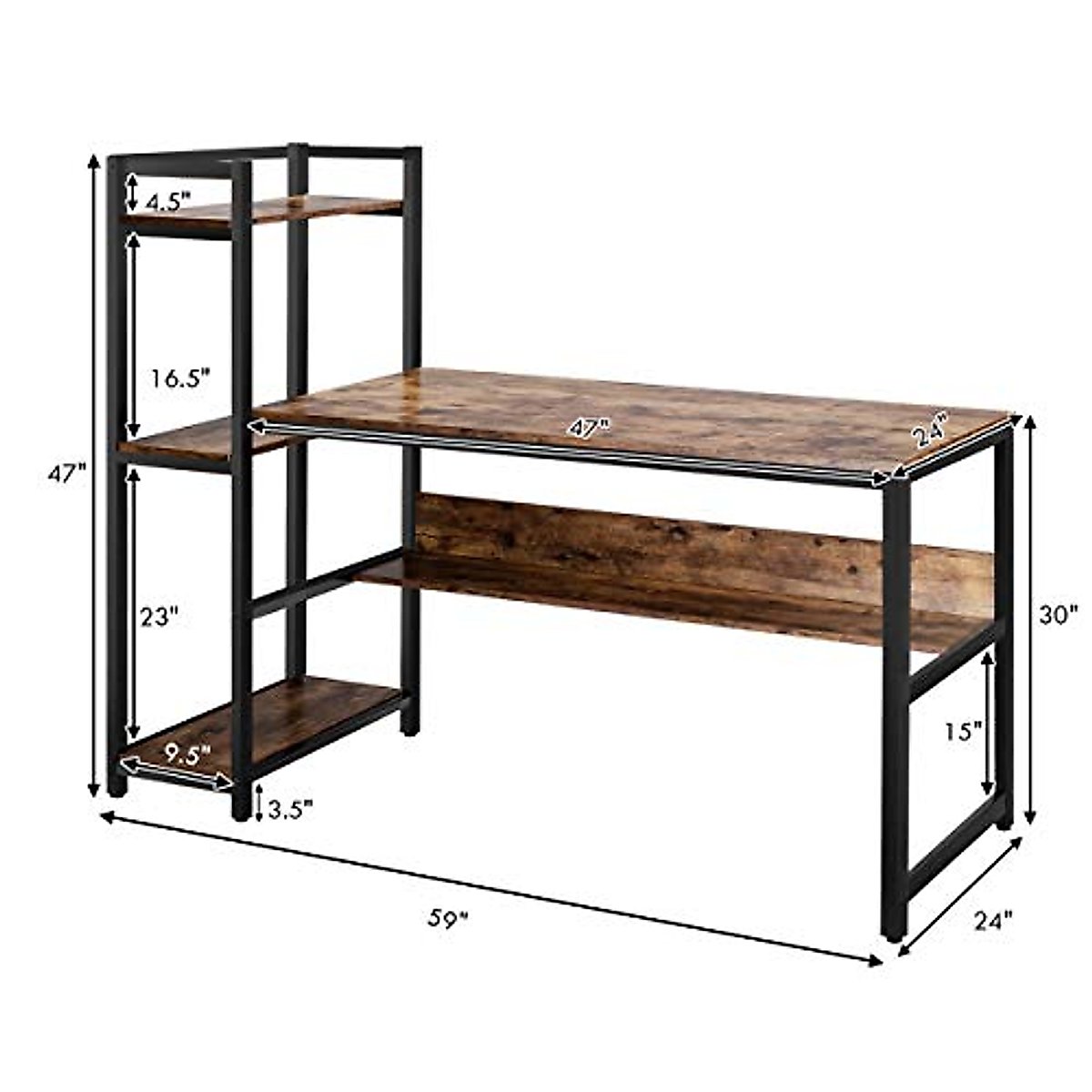 Tangkula 59-Inch Computer Desk with Bookshelf, Home Office Desk with Storage Bookshelf, Metal Frame & Adjustable Foot Pads, Space Saving Computer Workstation Study Writing Desk