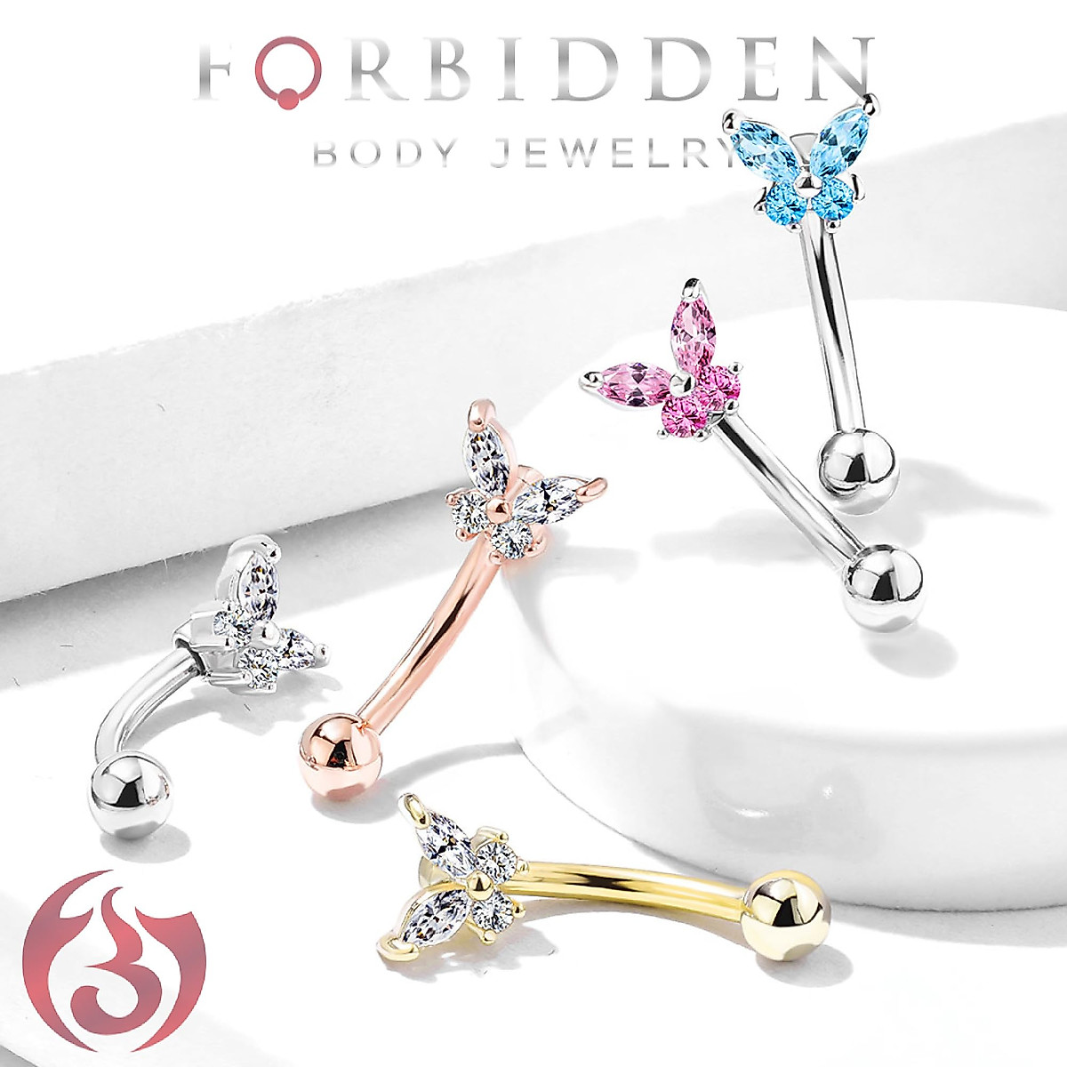 Forbidden Body Jewelry 16g 8mm Curved Barbell for Daith, Eyebrow, Rook & Belly Button w/CZ Butterfly Top, Clear/Gold Tone