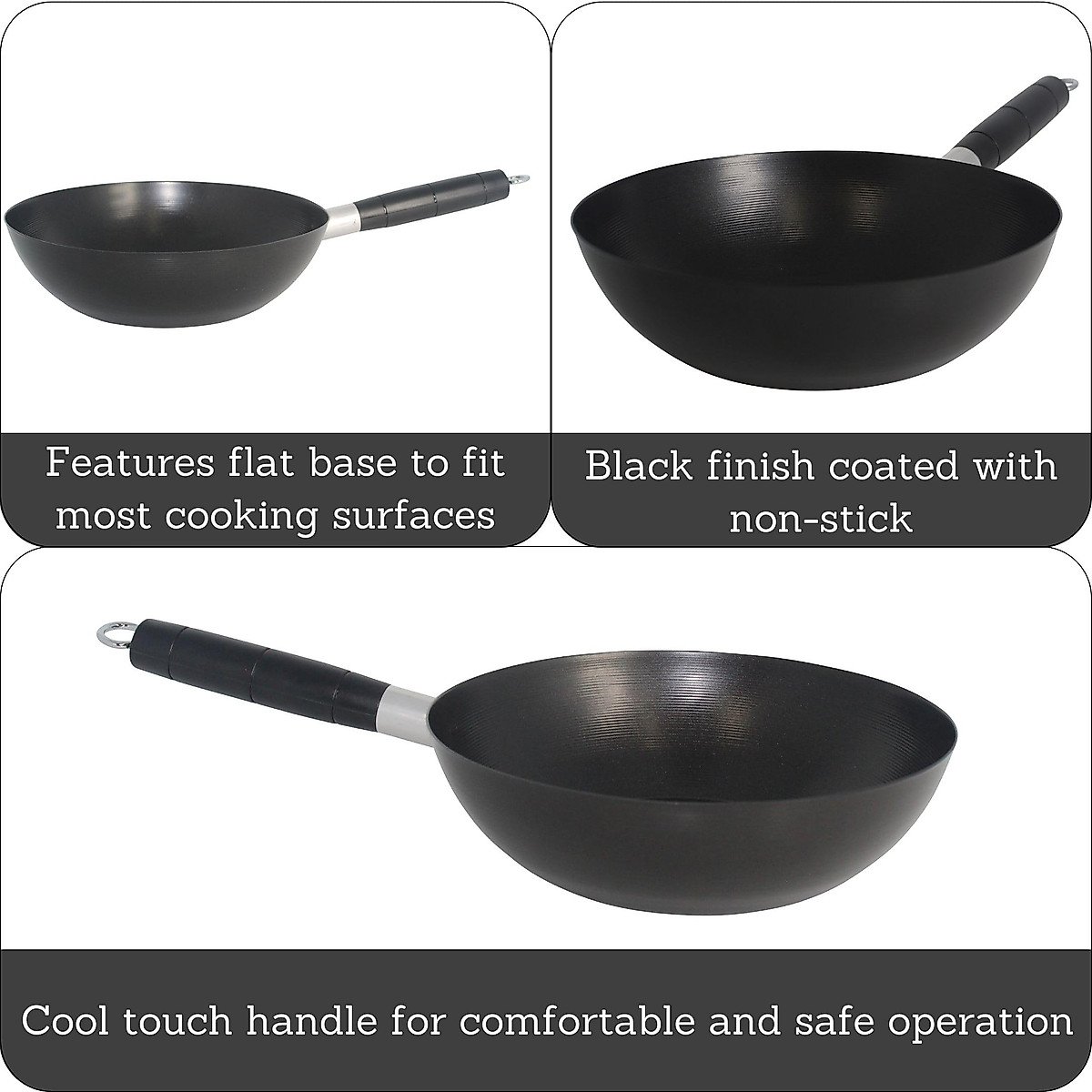 IMUSA USA 9.5" Traditional Carbon Steel Nonstick Coated Wok with Bakelite Handle