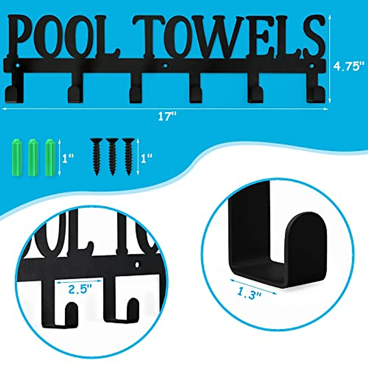 Pool Towel Rack Outdoor Towel Drying Rack Beach Towel Holder Poolside Towel Storage Wall Mounted Metal Hooks for Bath Towel, Robe Swimsuit, Coat, Bag, Keys