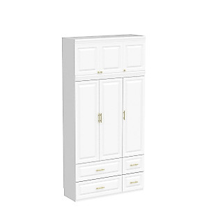 AIEGLE 3 Doors Wardrobe Armoire with 4 Drawers, 47.2" Wide Large Freestanding Armoire Wardrobe Closet with Shelves, Hanging Rod & Top Storage Cabinet, Bedroom Clothes Organizer Set, White