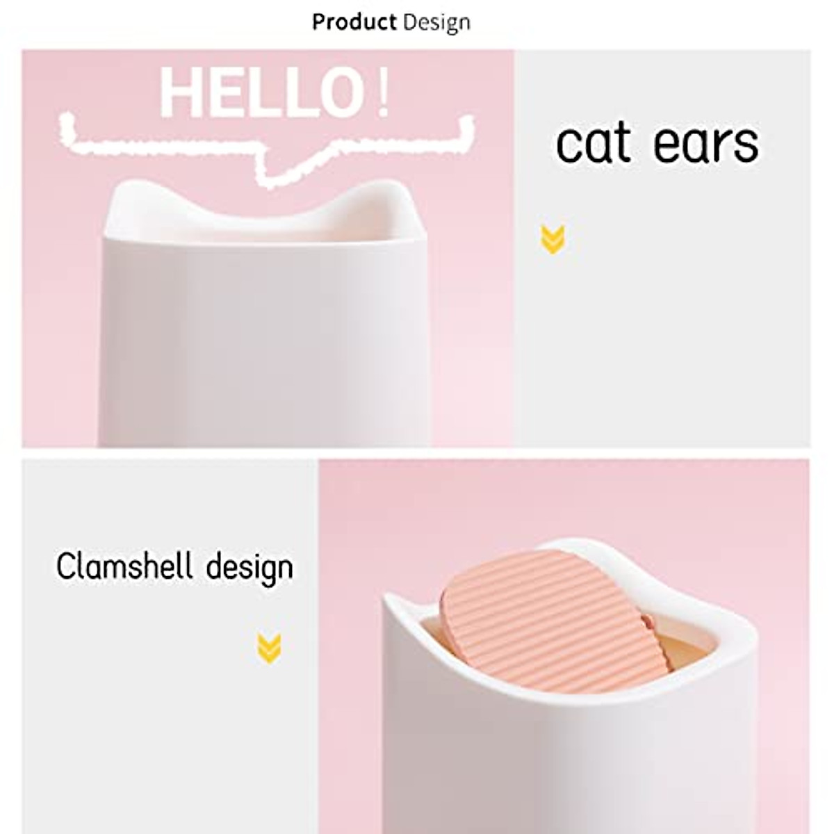 Mini Desktop Trash Can with Type Lid, Cat Ears Small Waste Garbage Basket Bin for Desk Office Kitchen, Colorful Plastic Trash with 2 Rolls of Trash Bags (White)