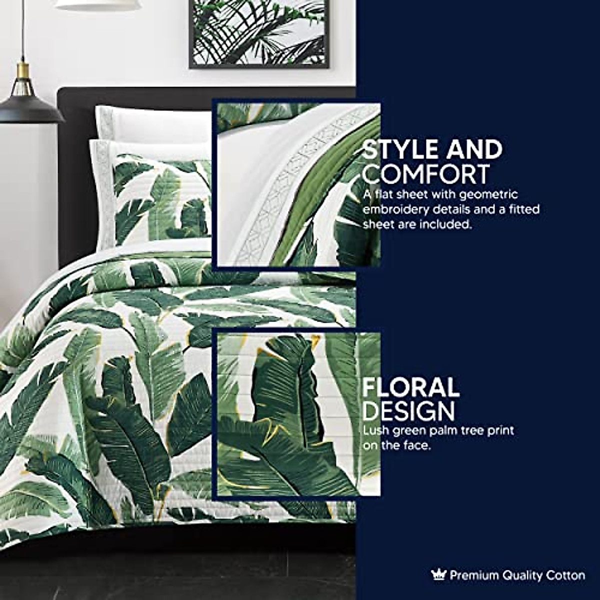 Chic Home Palm Springs 9 Piece Quilt Set Stitched Palm Tree Print Bed in A Bag - Sheet Set Decorative Pillow Shams Included, Queen, Green