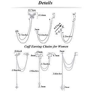 Tornito 6Pcs Cuff Earring Chain Leaf Snowflake Star Butterfly with CZ Crawler Climber Earring Studs Drop Dangling Chain Wrap Tassel Earring for Women Men 20G Silver Tone
