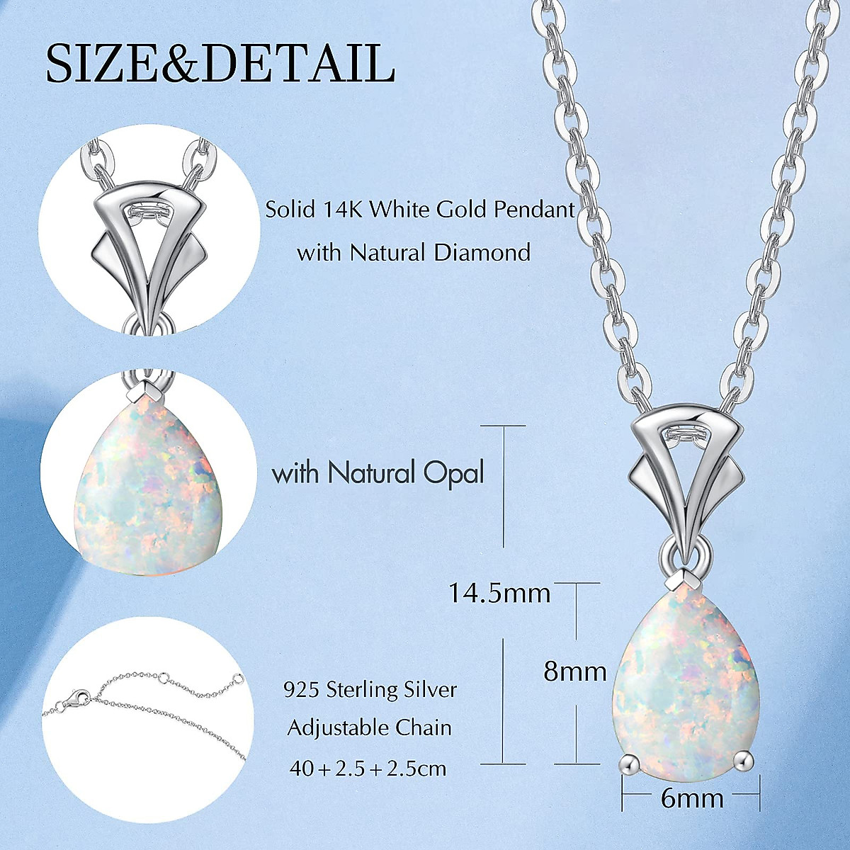 FANCIME Opal Necklace 14K Solid White Gold Teardrop Pendant Necklace October Birthstone Birthday Gifts for Mom Women