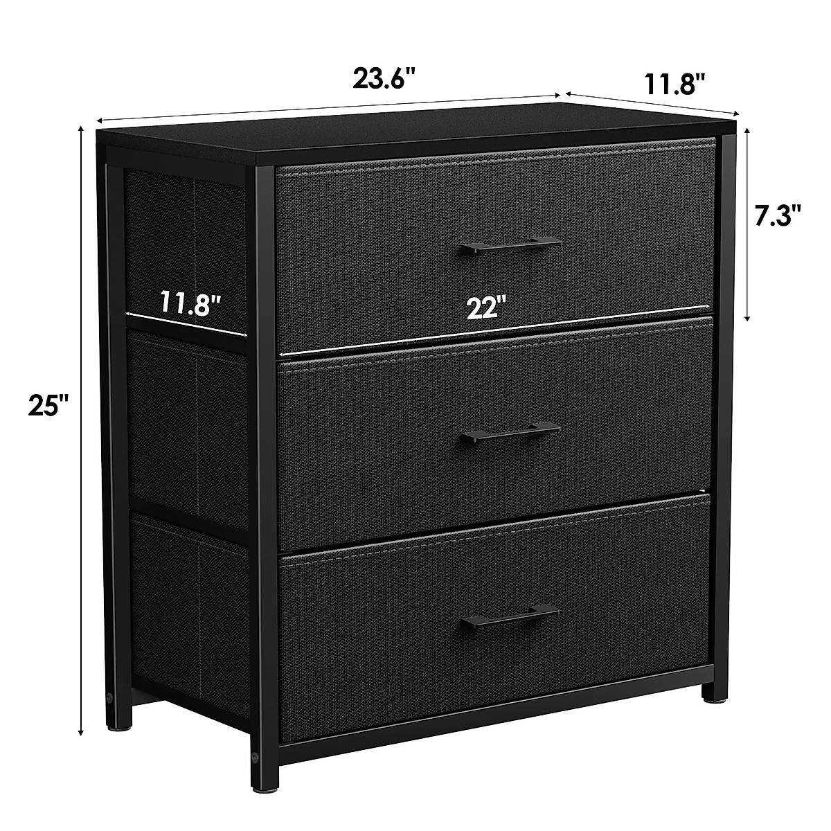Memobarco Nightstand with 3 Drawers for Bedroom, Storage Dresser with Fabric Drawers and Metal Frame for Closet, Living Room, Bedside Table with Wood Top, Easy Pull Handle, Black