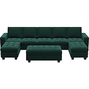 Belffin Modular Sectional Sofa Set Velvet U Shaped Sofa Set with Reversible Wide Chaise Convertible Corner Sectional Sofa Couch Set with Storage Ottoman Green