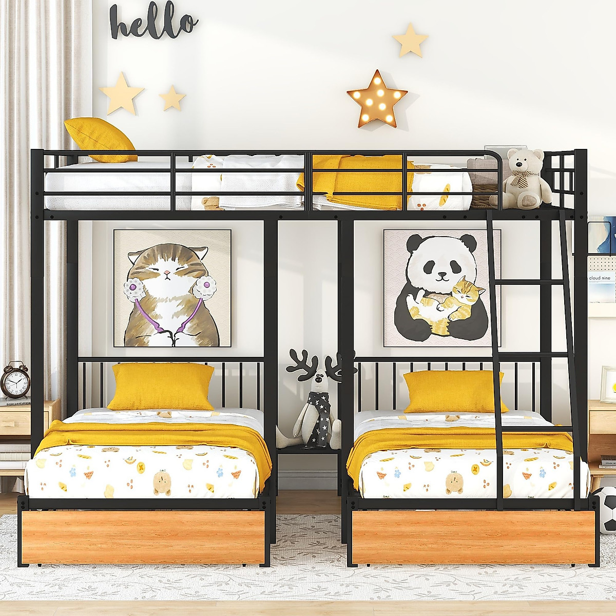 Triple Bunk Bed Metal Full Over Two Twin Beds with Storage Drawers and Shelf Detachable 3 Bed Bunk Bed Frame with Ladder for Kids Boys Girls Teens, Can Bed Divided into Three Separate Beds, Black