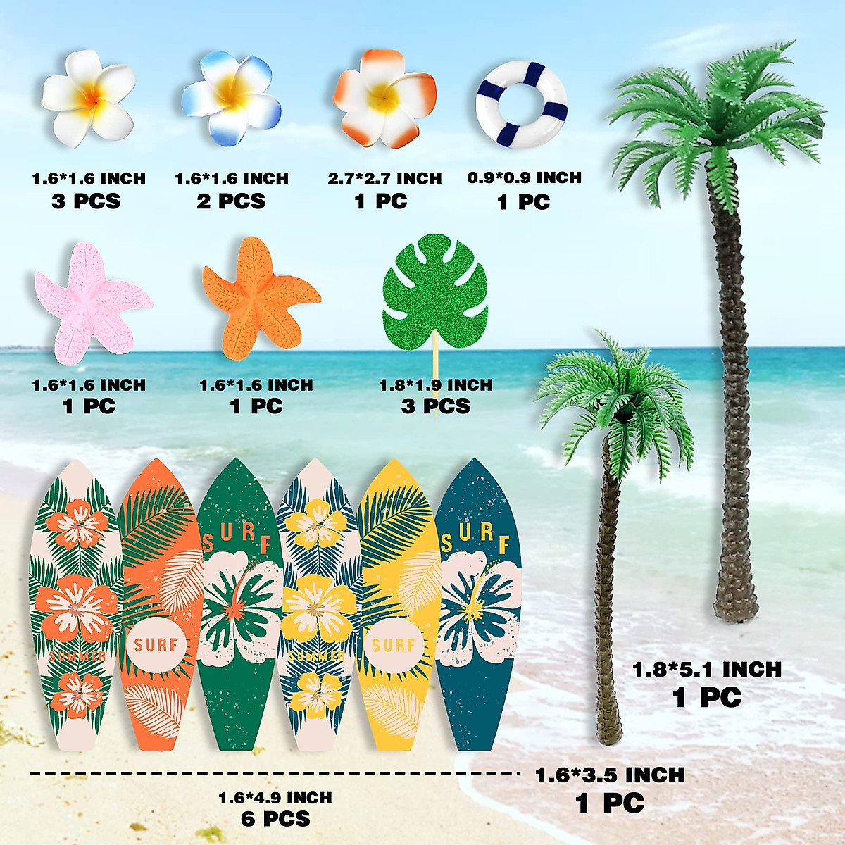 Summer Beach Happy Birthday Cake Topper Surfboard Palm Model Tree Beach Umbrella Chair for Swimming Beach Party Luau Birthday Baby Shower Party Supplies (Surfboard)