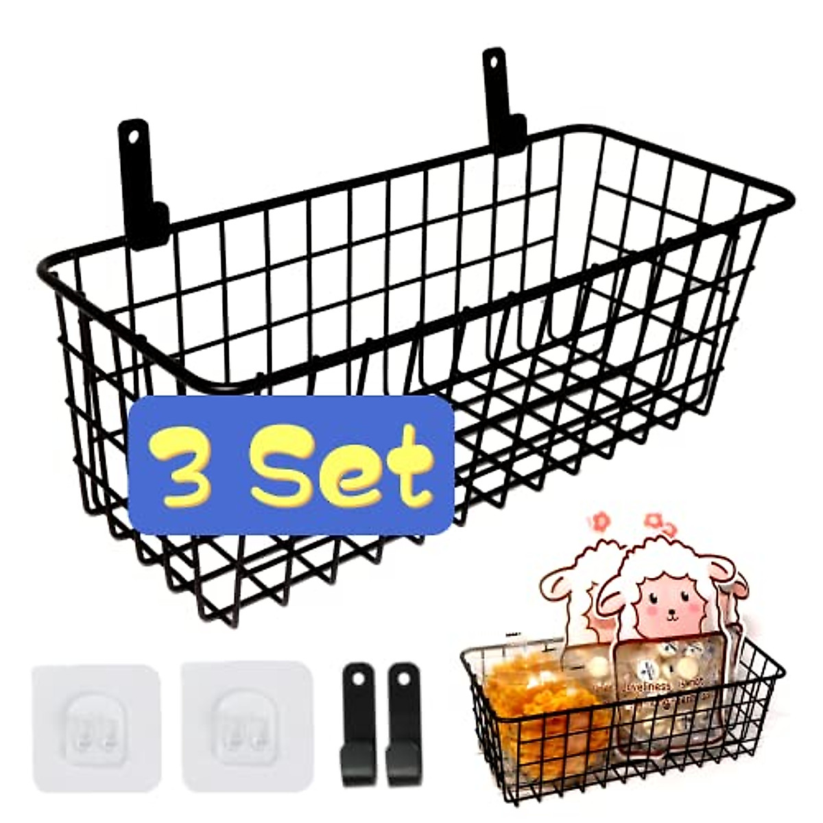 3 Set Hanging Wire Baskets,Wall Mount Fruit Basket,No Drilling,Adhesive Small Metal Basket,Farmhouse Food Storage Mesh Bin Kitchen Pantry Laundry Bathroom Closet Garage RV,Black