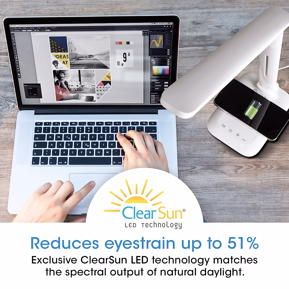 OttLite Charge Up LED Desk Lamp with Wireless Qi Charging & USB Charging Port, with ClearSun LED Technology - Adjustable Neck, 3 Color Temperature Modes, Reduces Eyestrain - Travel-Friendly Task Lamp