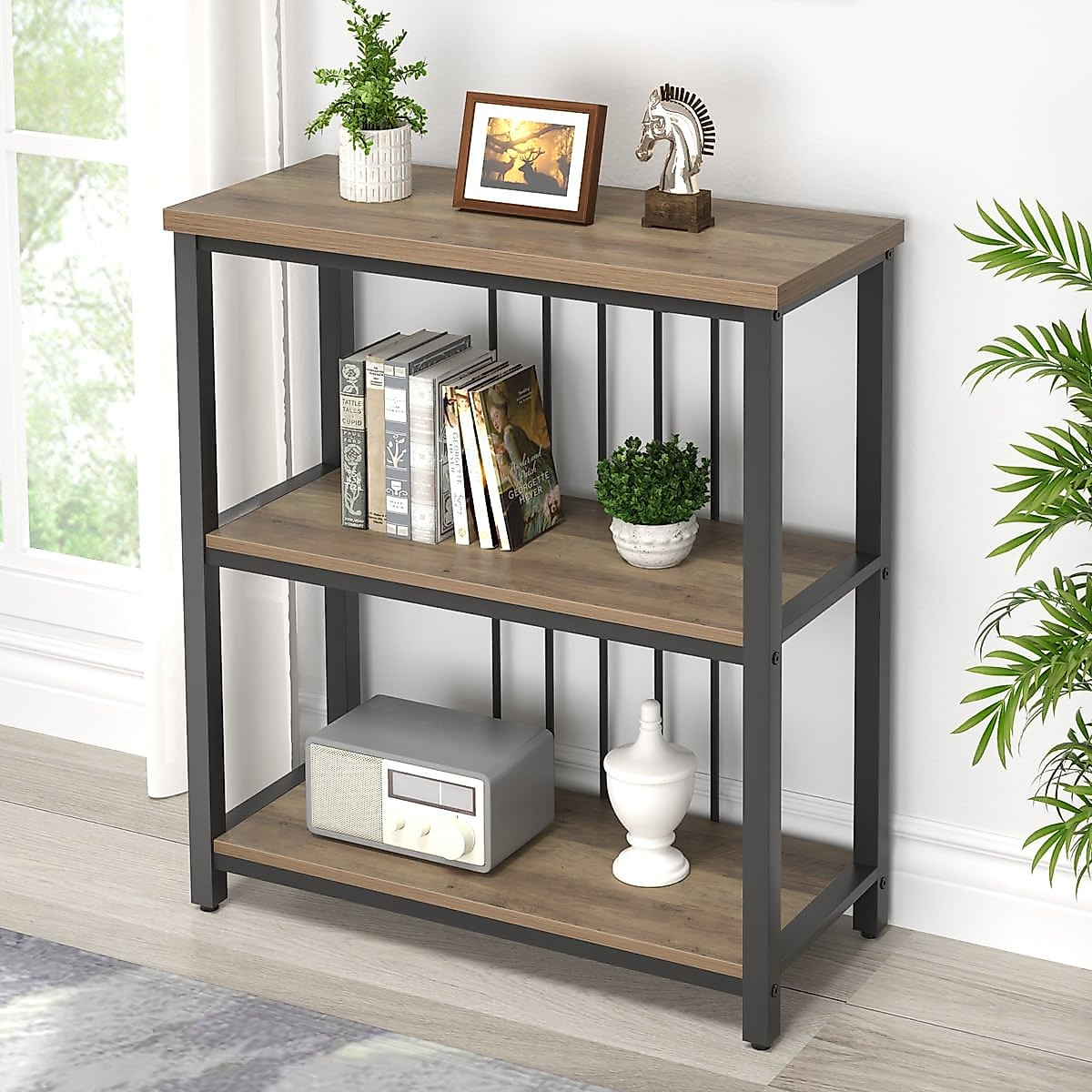 FOLUBAN Small Bookshelf and Bookcase, 3 Tier Open Book Shelf, Modern Metal and Wood Shelving Unit for Living Room Bedroom, Oak