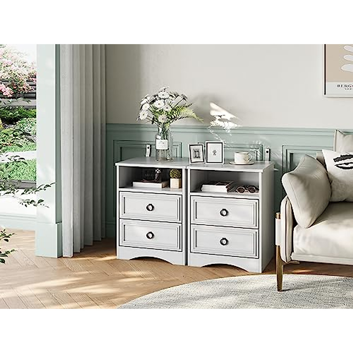 HolliWill Nightstand Set of 2, Night Stand with Drawers, Accent Bed Side Table and End Table with Open Storage for Bedroom, Living Room, White