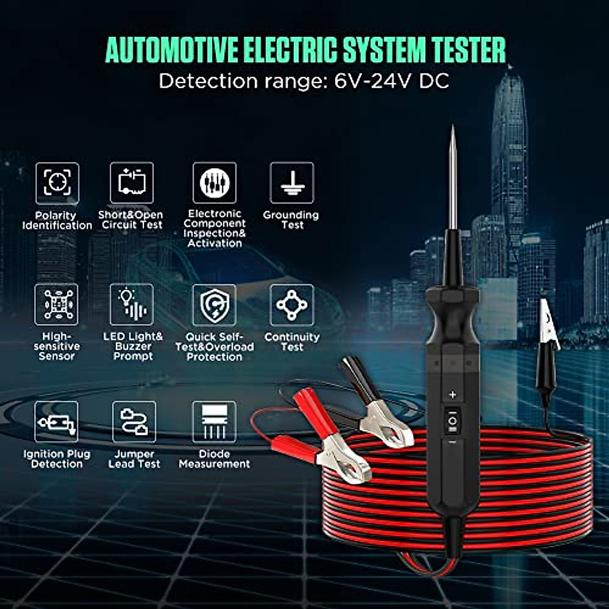 Power Circuit Probe Tester Polarity Identify Electrical Tester 6V-24V DC Short&Open Circuit Tester Automotive with 13FT Long Test Lead,LED Test Light,Buzzer,High-sensitive Test Pen,Overload Protection
