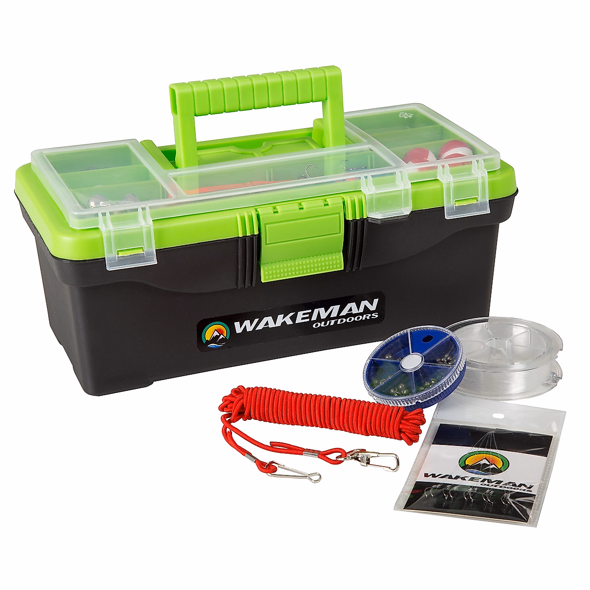 Fishing Single Tray Tackle Box- 55 Piece Tackle Gear Kit Includes Sinkers, Hooks Lures Bobbers Swivels and Fishing Line By Wakeman Outdoors Lime Green