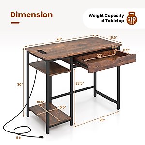 Tangkula Computer Desk with Charging Station, 40” Industrial Home Office Desk with Drawer & Adjustable Shelf, Compact Computer Workstation with CPU Stand & Headphone Hooks, Study Writing Desk