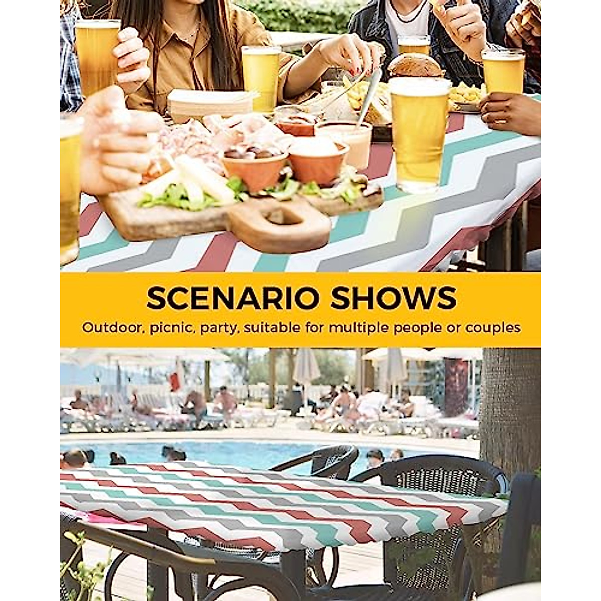 Artwork Store Rectangle Outdoor Tablecloth Waterproof Elastic Fitted Table Covers for 6 Foot Tables,Gray and White Chevron Zig Zag Wipeable Patio Table Covers for Picnic,Camping,Indoor,30x72 Inches