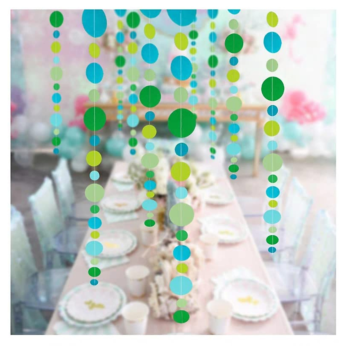 JEYE Blue and Green Circle Dots Party Garland Banner Decoration Polka Dots Paper Streamer Backdrop Hanging Decor for Baby Shower Birthday Wedding Christmas Graduation, Pack of 2, 26ft/8m in Total