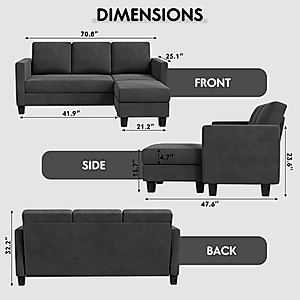 YESHOMY Convertible Sectional 3 L-Shaped Couch Soft Seat with Modern Linen Fabric, Space-Saving Sofas for Living Room, Apartment and Office, 70'', Dark Gray