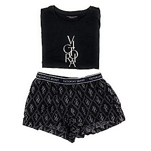 Victoria's Secret The Lounge PJ Cotton Short Tee-jama Pajama Set, Black/White Logos, Large