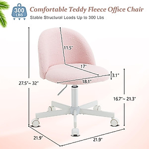 VINGLI Candy Chair Armless Cute Desk Chair,Comfy Small Office Chair with Wheels,Vanity Chair with Lumbar Support,Teddy Adjustable Rolling Swivel Computer Task Chair for Home Office,Bedroom,Gentle Pink