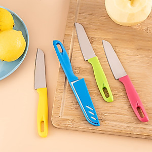CHUYIREN Paring Knife, 4 Pcs Paring Knife with Sheath, 4" Vegetable and Fruit Knife, Stainless Steel Small Kitchen Knife for Cooking, Peeling, Slicing, Picnics,&Travel, Pink/Green/Yellow/Blue